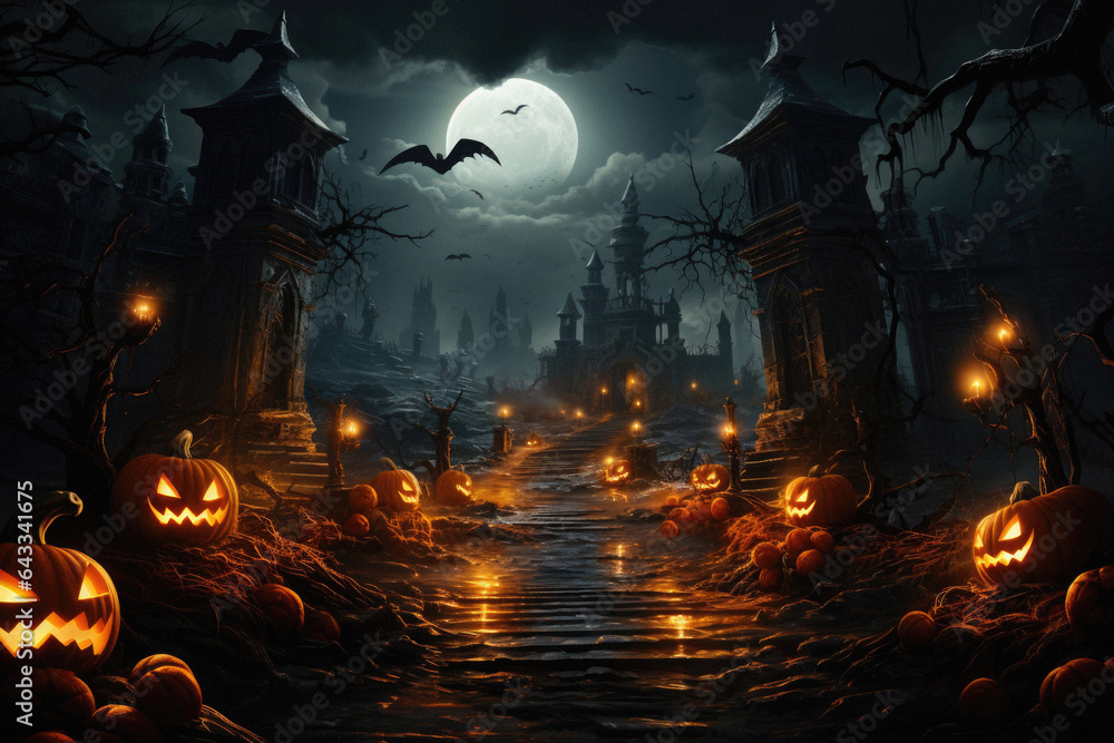 Happy Halloween background spooky scene, creepy dark night jack o ...