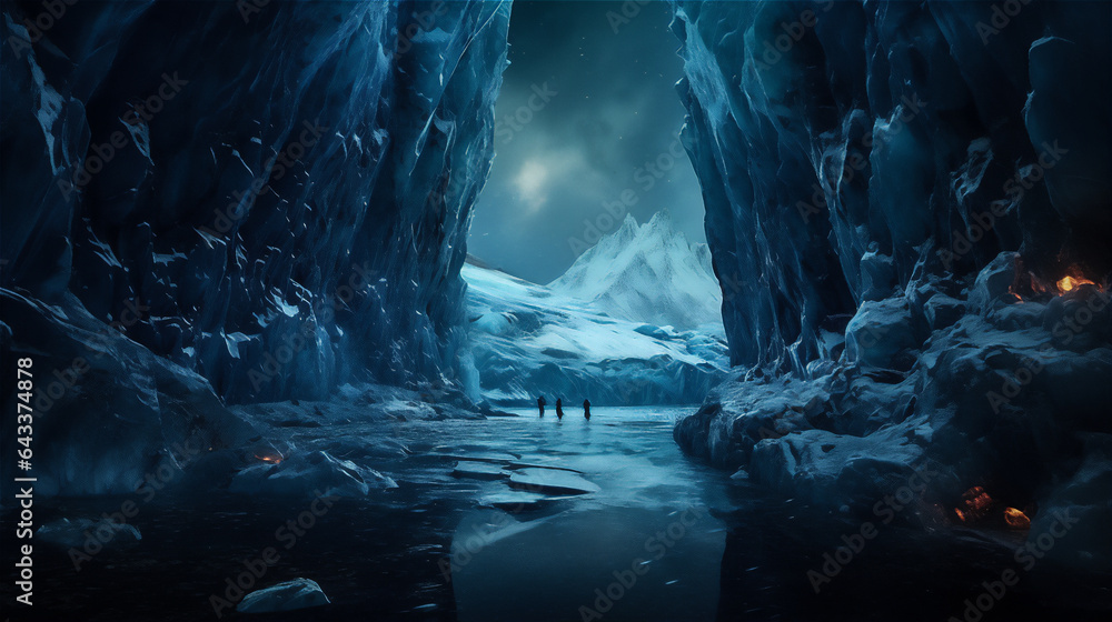 a scenic view from ice cave in north pole, clear river in the cave ...