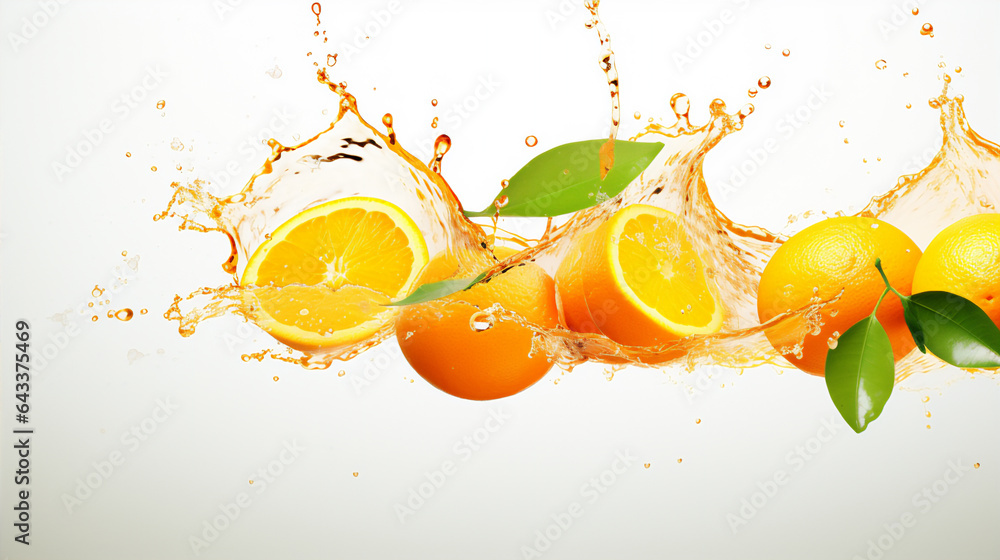 orange fruits droped into orange juice and make a huge splash curve ...
