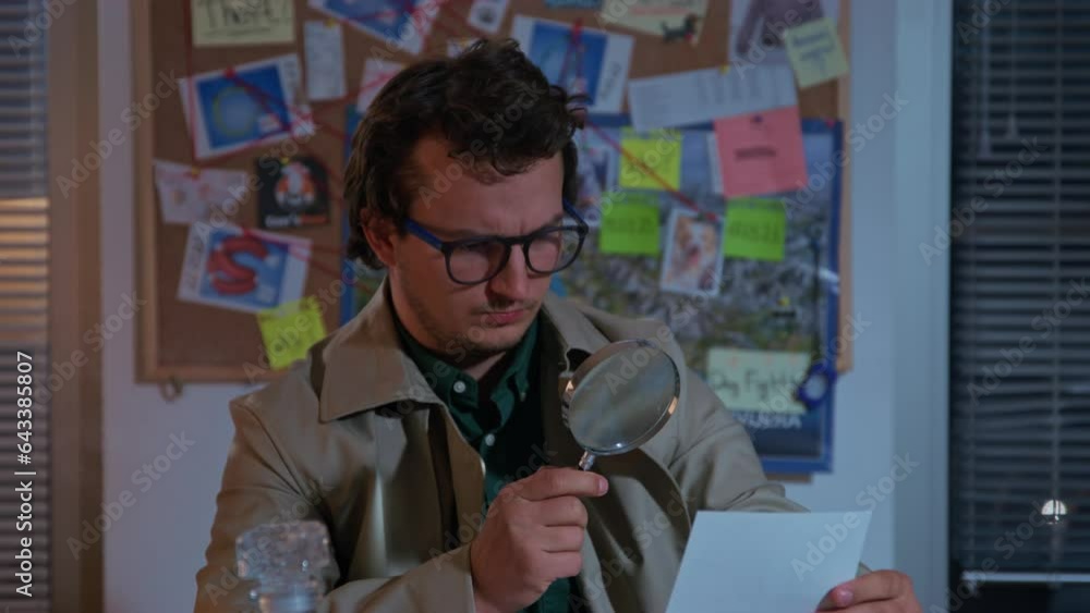 Young detective in glasses, trench coat with tousled hairstyle sits in ...