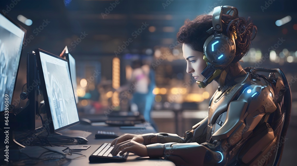 Humans and robots (AI) work on computers together in the futuristic ...