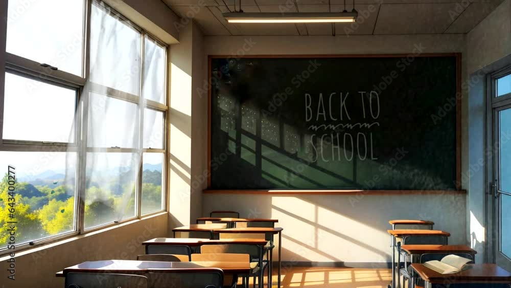 "Back to School" fantasy animated background with empty classroom and ...