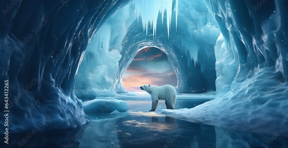 a scenic view from ice cave in north pole at the night, clear river in ...