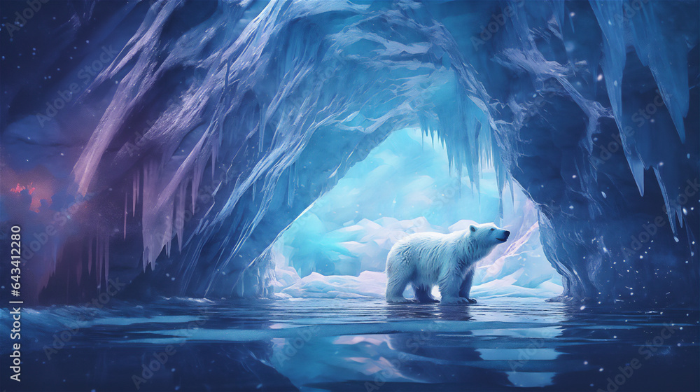 a scenic view from ice cave in north pole at the night, clear river in ...