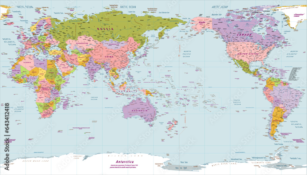 Political world map Asia centered Patterson projection Stock Vector ...