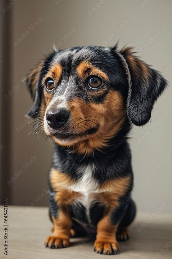 Studio Portrait of an Adorable Dachshund Puppy in the Spotlight, be ...