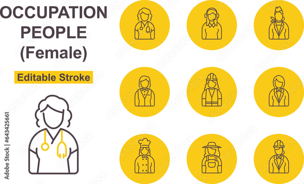 Various Types Of Occupation People Thin Line Art Icon Set - Female ...