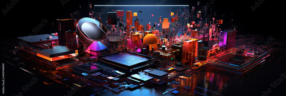 3D Abstract background Futuristic neon city background Tech world ...