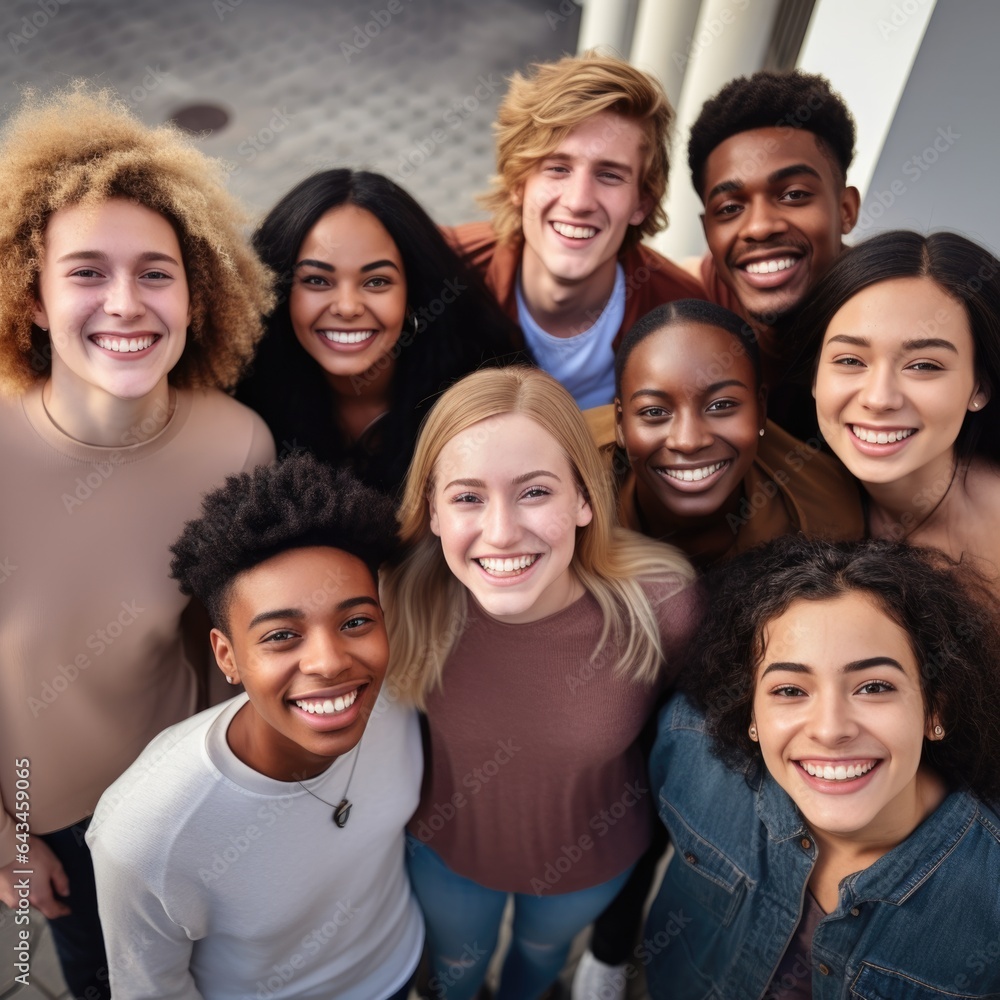Diverse group of young people of different races smiling happy faces ...