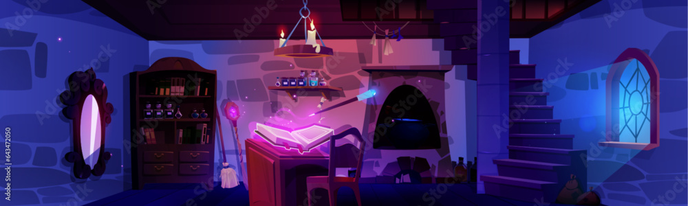 Magic wizard laboratory room background at night. Dark halloween ...