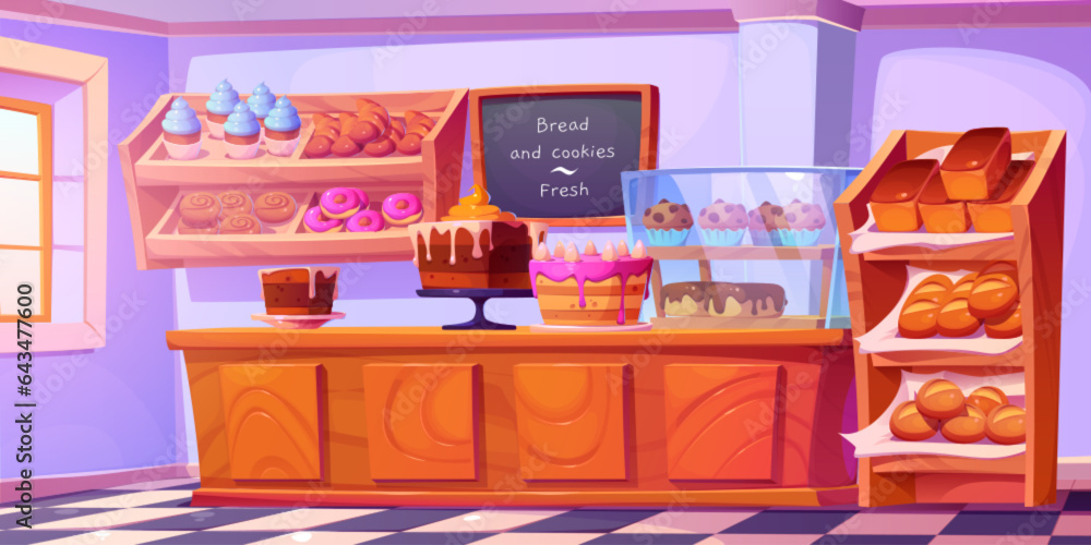 Bakery shop interior with cake and counter inside cartoon background ...