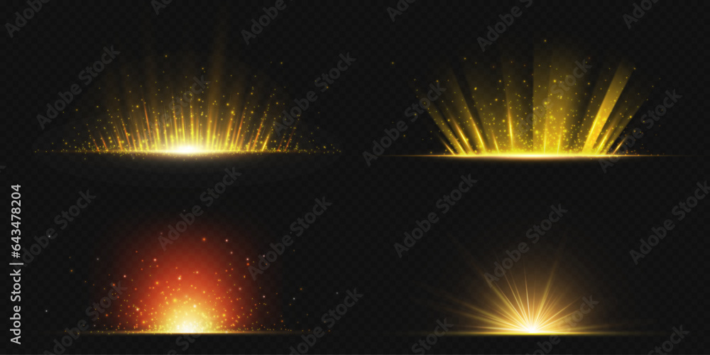 Gold explode sun light ray glow vector effect. Star burst flare with ...