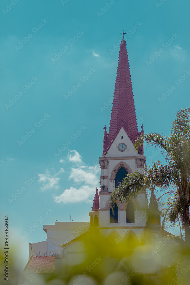 Spire detail of Beautiful church at the edge of a park in San Jose, the ...