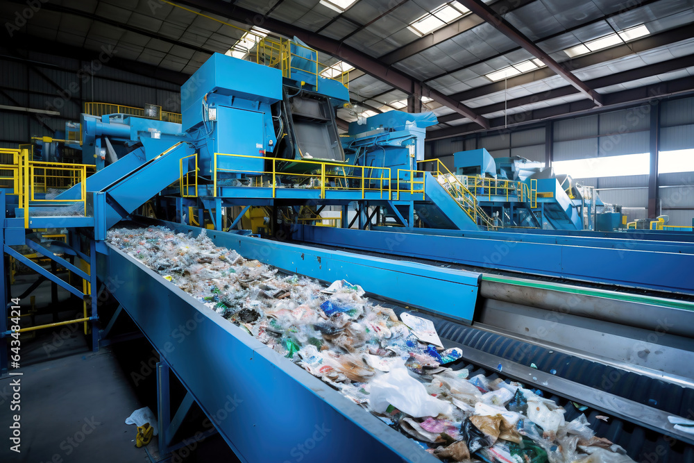 A conveyor belt full of garbage in a factory. Plant for the processing ...