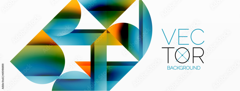 Vibrant color triangles and circles on white background intertwine to ...