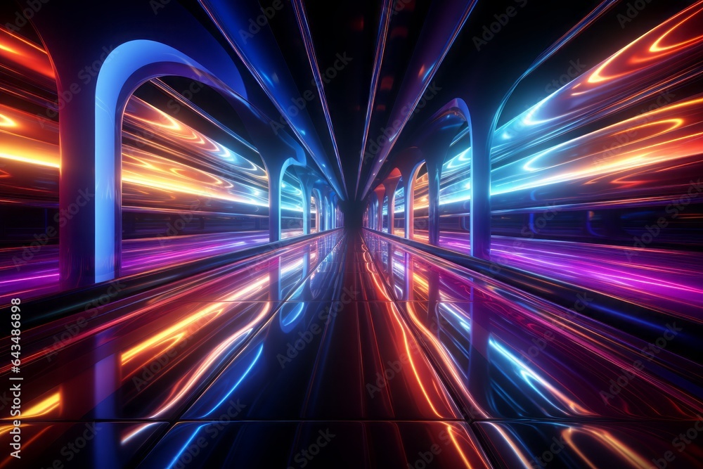 Mesmerizing neon lights and tail lights flank both sides of a platform ...