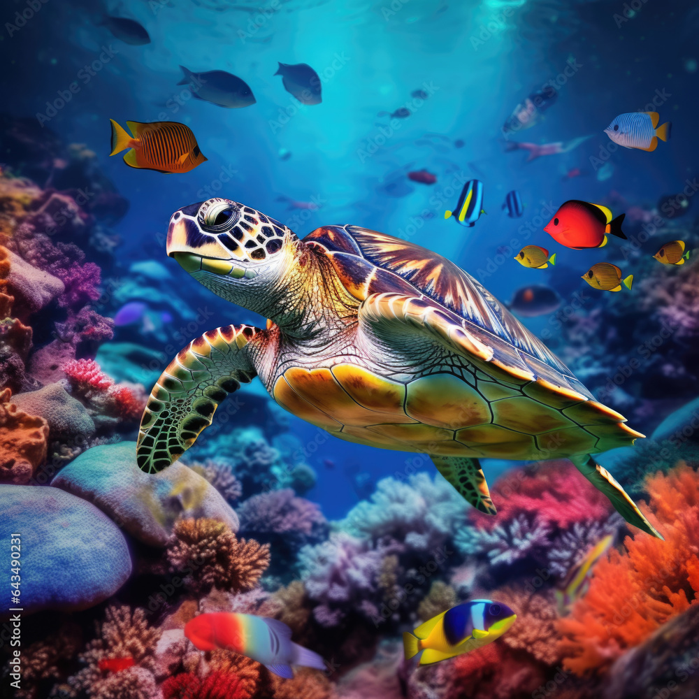Big sea turtle. Underwater sea turtles. Sea turtle underwater scene. AI ...