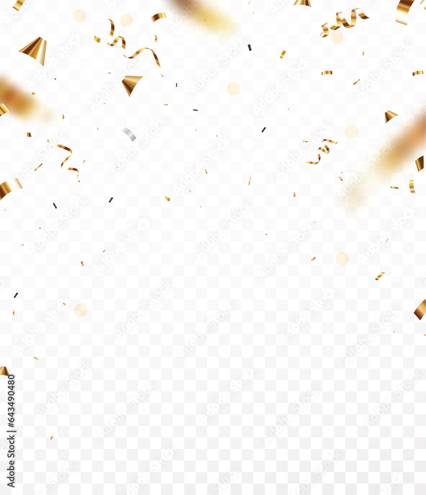 Gold confetti and ribbon, celebrations banner, isolated on transparent ...