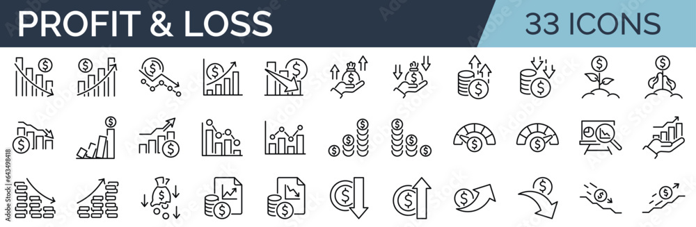 Set of 33 outline icons related to profit and loss statement. Linear ...
