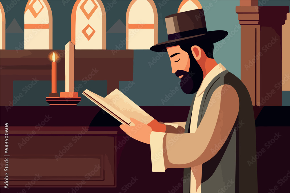 Jewish vector illustration series, jew reading torah in synagogue ...