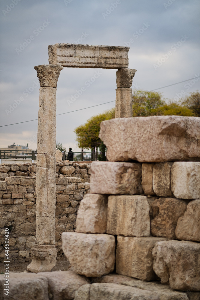 Large marble blocks remain in place at the ancient ruins of a Roman ...