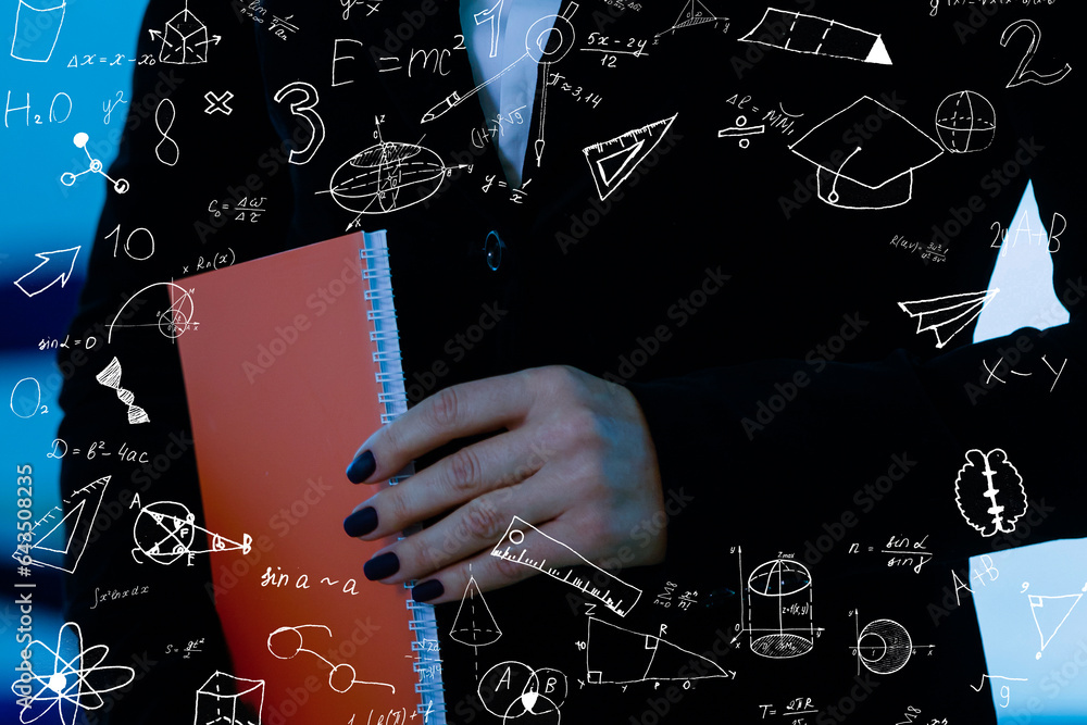 Student or teacher with mathematical and scientific formulas. Concepts ...