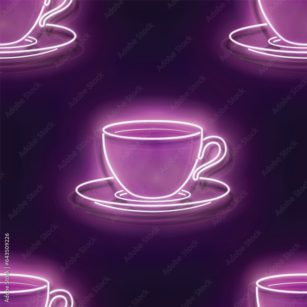 Seamless pattern with glow Cup of Coffee. Cafe Label. Cappuccino ...
