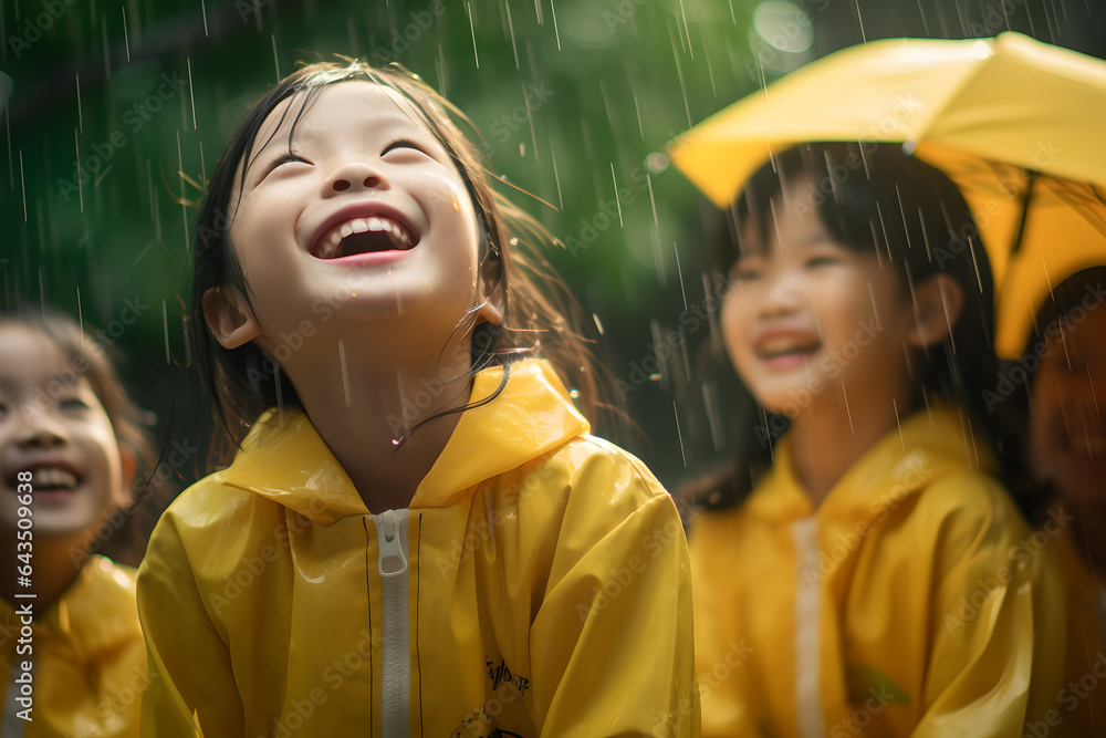 Happy little girls with having fun playing in heavy rain, children ...