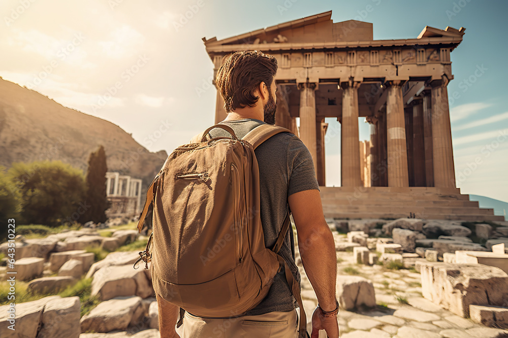 Adventurous Tourist Man with Backpack Explores Ancient Greek Landmarks ...