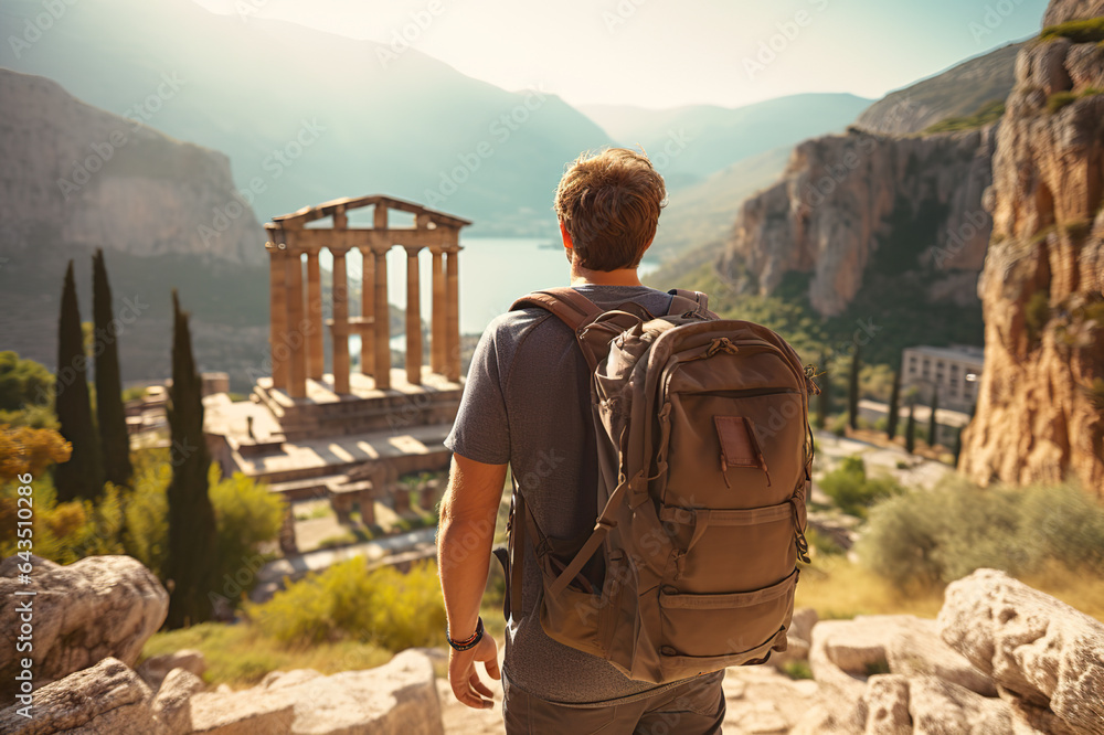 Tourist Man with Backpack Explores Ancient Greek Ruins, Including the ...