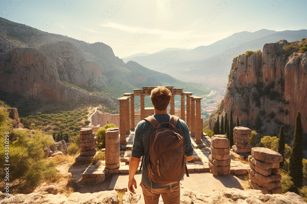 Tourist Man with Backpack Explores Ancient Greek Ruins, Including the ...