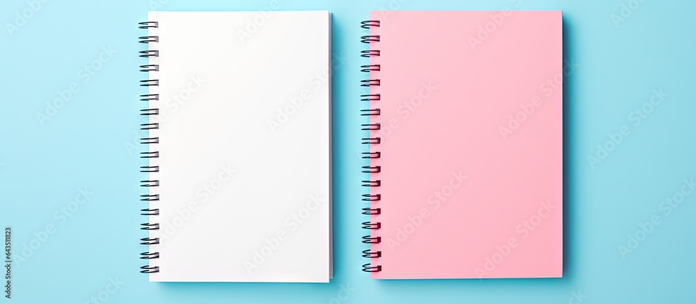 Top view of two white notebooks with a variety of colored pencils ...