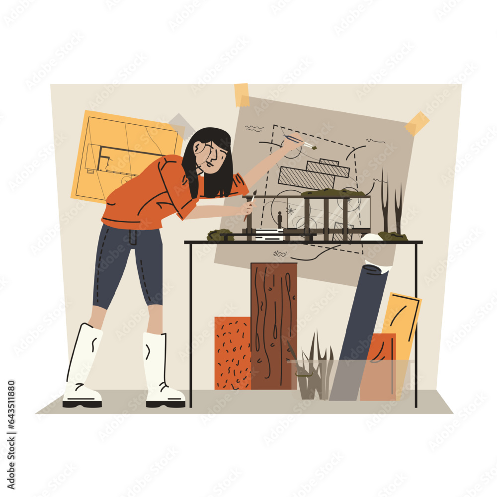 Young designer making corrections on project, building layout of modern ...