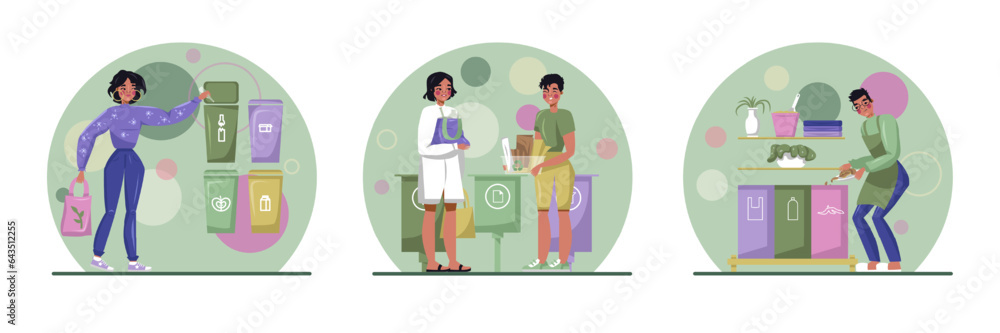 Set of people sorting waste in different locations. Lady putting glass ...