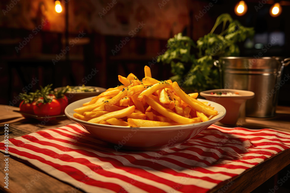 Dish French Fries On Table In Industrialstyle Cafe. Сoncept Food ...