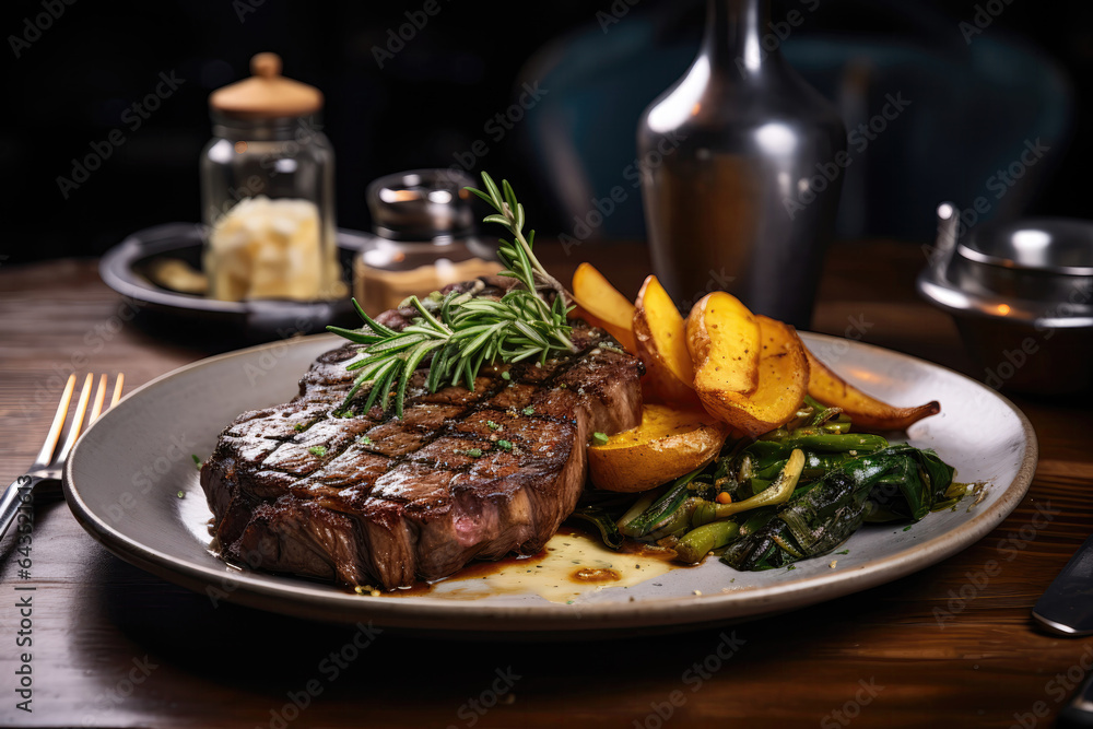 Dish Ribeye Steak On Table In Industrialstyle Cafe. Сoncept Industrial ...