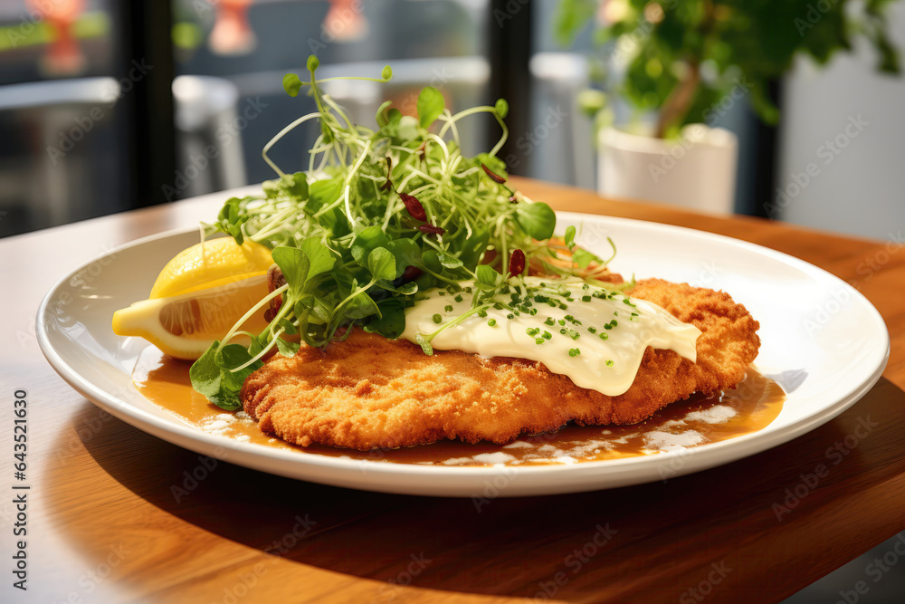Dish Schnitzel On Table In Industrialstyle Cafe. Сoncept Making The ...