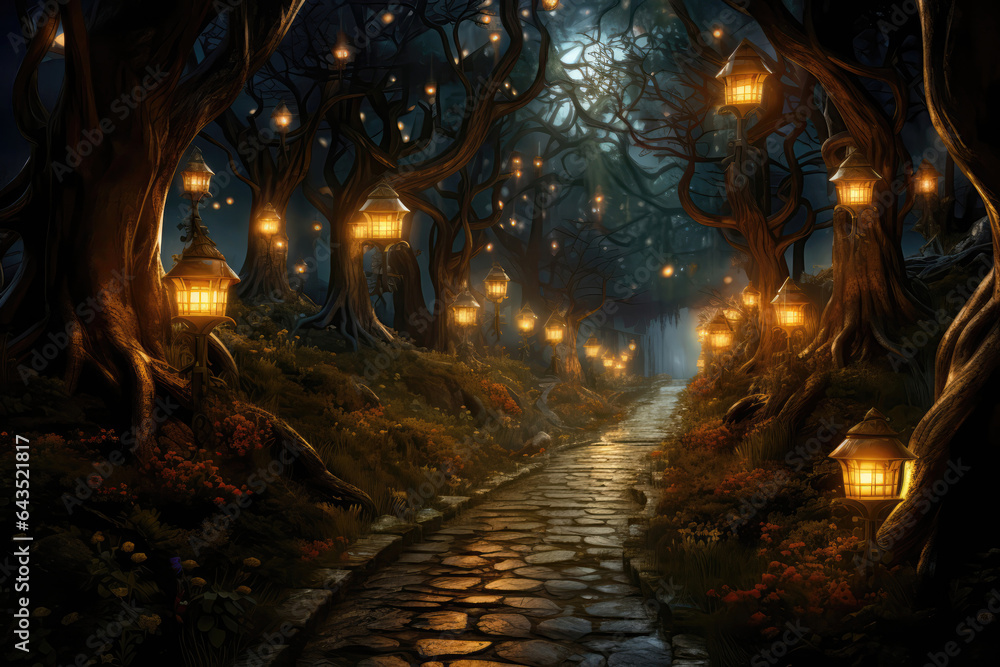 Lanternlit Path Winding Through Aweinspiring, Enchanted Forest. Сoncept ...