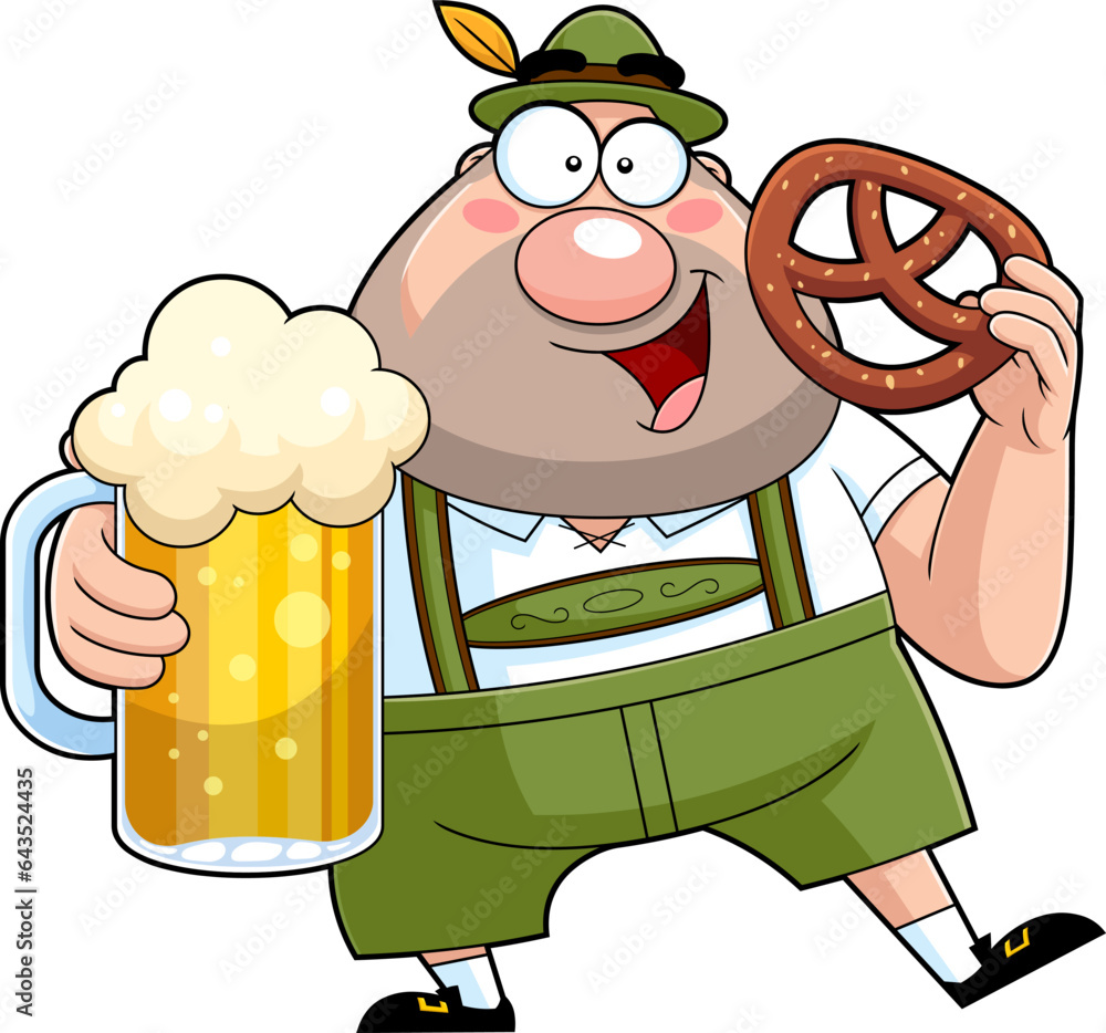 Oktoberfest Man Cartoon Character With A Mug Of Beer And Pretzel ...