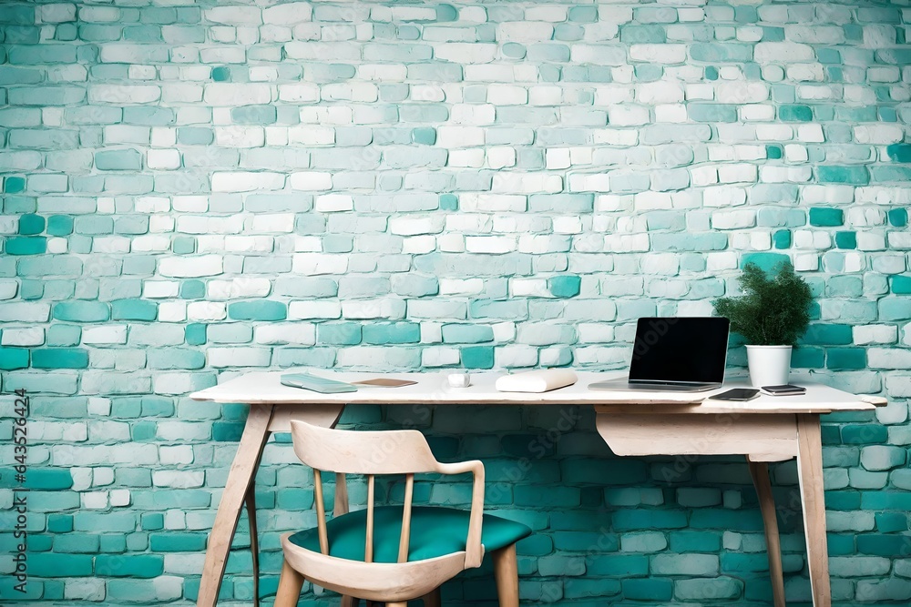 White study table in a room, vintage bricked wall, old 8th century ...