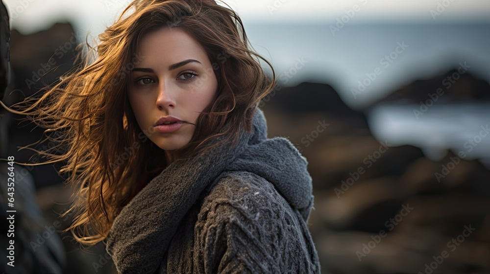 Model by the seashore, capturing the contrast between her smooth skin ...