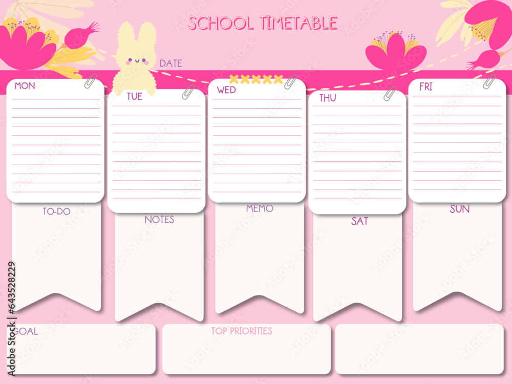 School timetable pink cartoon character animal and flower on pink ...
