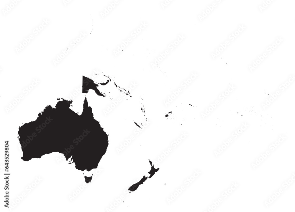 BLACK CMYK color detailed flat stencil map of the continent of OCEANIA ...