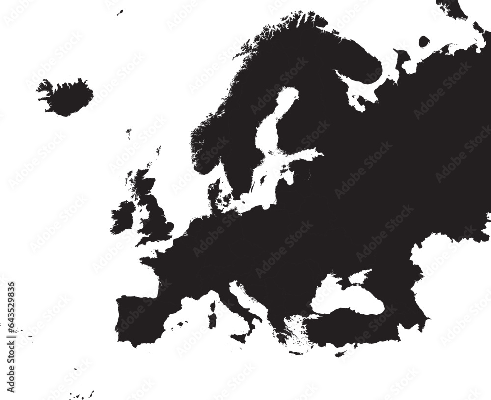 BLACK CMYK color detailed flat stencil map of the continent of EUROPE ...