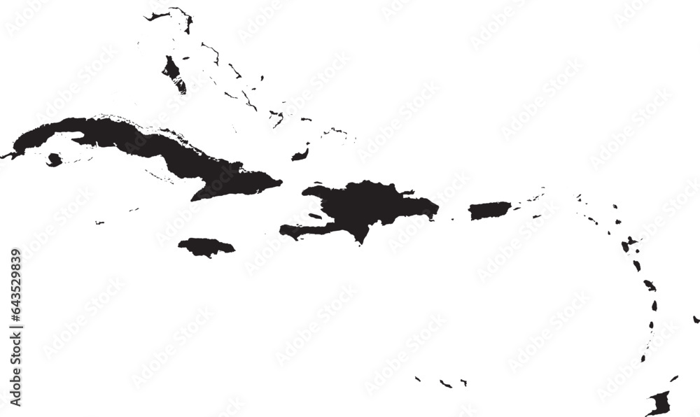 BLACK CMYK color detailed flat stencil map of the region of CARIBBEAN ...
