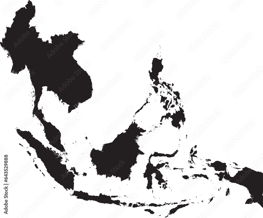 BLACK CMYK color detailed flat stencil map of the region of SOUTHEAST ...