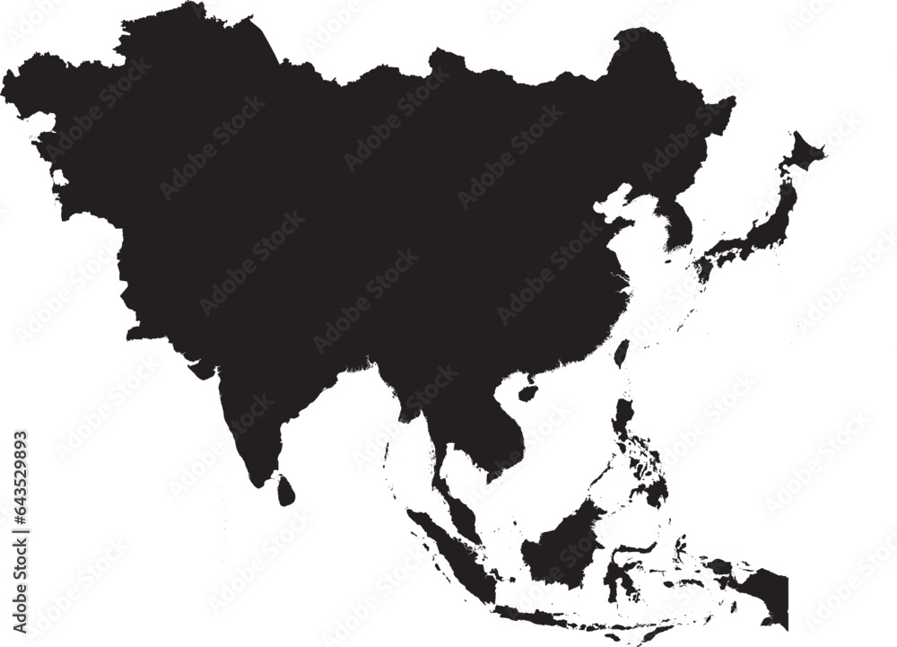 BLACK CMYK color detailed flat stencil map of the continent of ASIA on ...