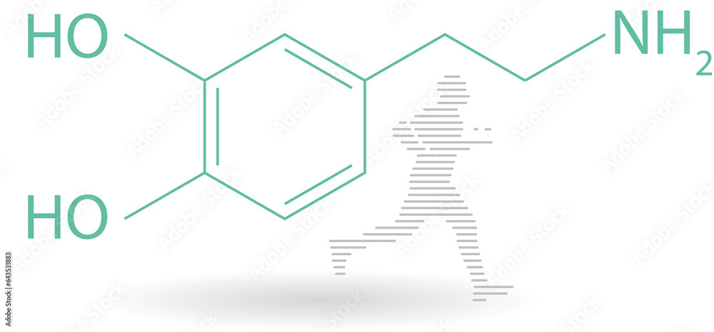 Chemical structure of dopamine on white background, with a runner ...