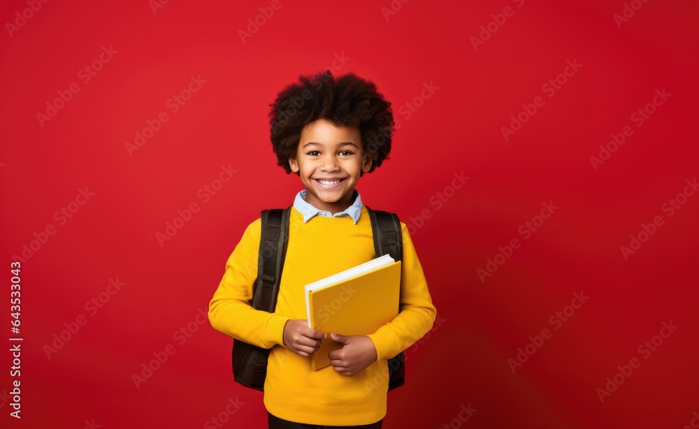 Happy african american schoolboy with backpack and book isolated on red ...
