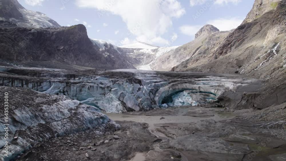 Panoramic view of Pasterze glacier melting ice cave due to climate ...